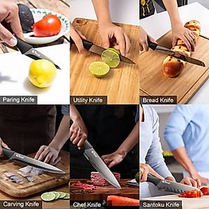 Black Kitchen Knife Set of 6, Stainless Steel Knife Set with Blade Protective Knife Sheath, Cutting Knife with Frosted Non-Slip Handle, Chopping Knife, Bread Knife, Gift Box