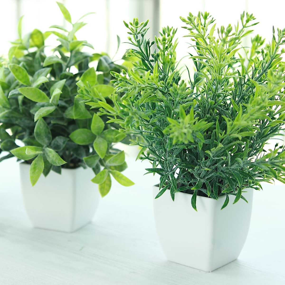 summer flower 2 Pack Fake Plants in White Pot Small Artificial Eucalyptus Potted Plants (Green-01)