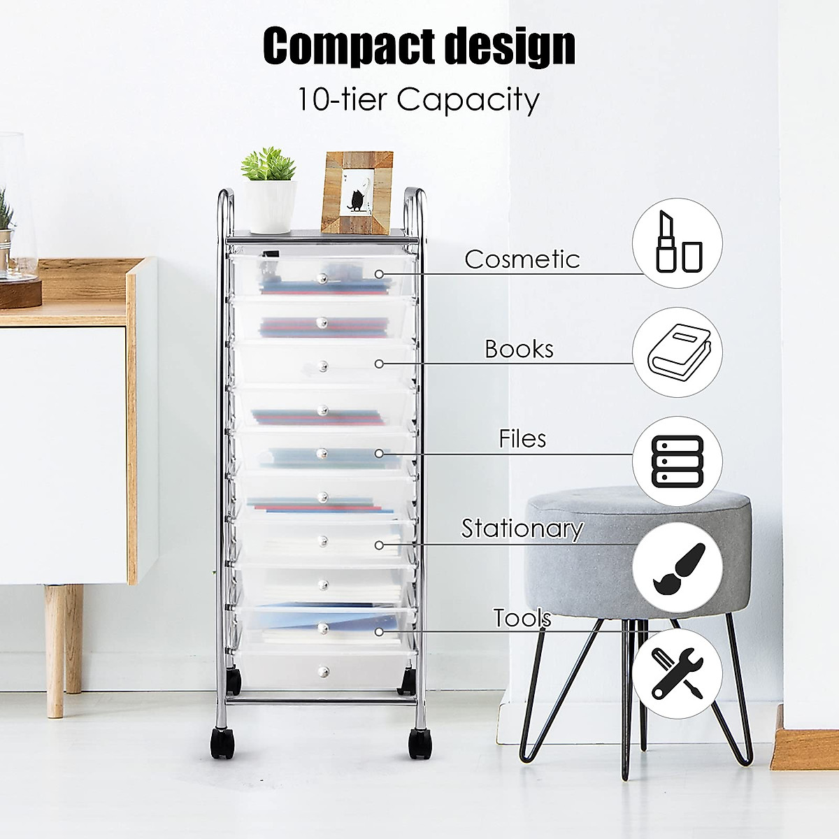 GOFLAME Rolling Drawer Cart with 10 Drawers, Utility Storage Organizer Cart with Wheels and Metal Frame, Art Cart for Office, School, Home, Clear
