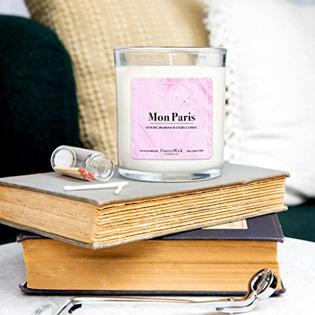 Foreverwick Mon Paris Warm & Floral Surprise Soy Wax Candle with Diamond Inside 14Oz Jar, Large Candles, Scented, Gift Women, Glass, Large Size, Double Pour Inspired, 70 Hours