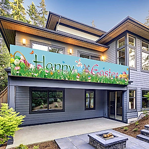 Happy Easter Banner Spring Easter Bunny Easter Eggs Decor Banner Outdoor & Indoor Yard Fence Garden Sign Hanging Door Banner 118" x 20"
