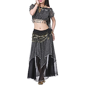 REINDEAR Vogue Style Chiffon Dangling Gold Coins Belly Dance Hip Scarf (Black)