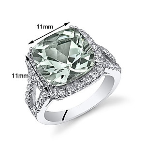 PEORA Green Amethyst Ring in Sterling Silver, Statement Halo Design, Cushion Cut, 4.75 Carats total, Comfort Fit, Size 7