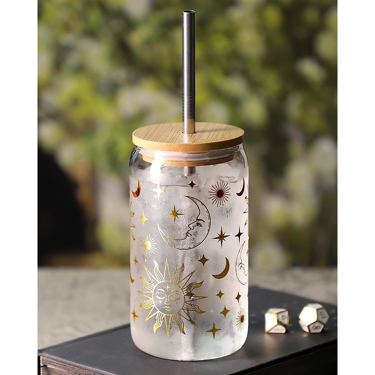 Nefelibata Sun and Moon Iced Coffee Cup Beer Can Glass for Hot/Cold Beverages Gothic Sun Moon Star Tumbler with Lid and Straw Celestial 16oz Coffee Mug Witchy Tarot Gift Boho Home Decor Birthday Gifts