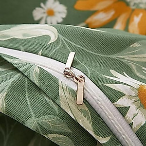 Mucalis Dark Green Duvet Cover Floral Queen 100% Cotton Botanical Yellow and White Flowers Pattern 3 Piece Bedding Set with Zipper Closure Corner Ties,Durable,Breathable,Easy Care