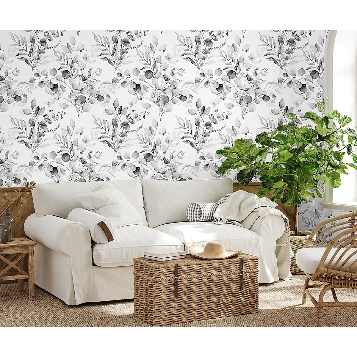 HAOKHOME 93042-2 Peel and Stick Wallpaper Boho Black/Grey/White Eucalyptus Leaf Floral Wall Mural Home Nursery Boho Contact Paper 17.7in x 9.8ft