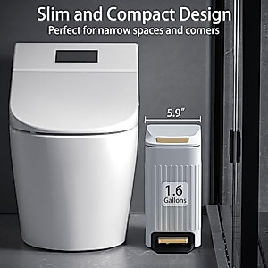 CEROELDA Small Bathroom Trash Can with Plastic Lid, 6L/1.6 Gal Stainless Steel Slim Garbage Can-Metal Wastebasket-Rectangle Pedal Step Trash Bin -for Narrow Kitchen Bedroom Office Toilet-White