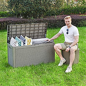 YITAHOME 100 Gallon Large Resin Deck Box Outdoor Storage with Cushion for Patio Furniture,Outdoor Cushions,Garden and Pool Supplies-Waterproof,Lockable（Light Brown）