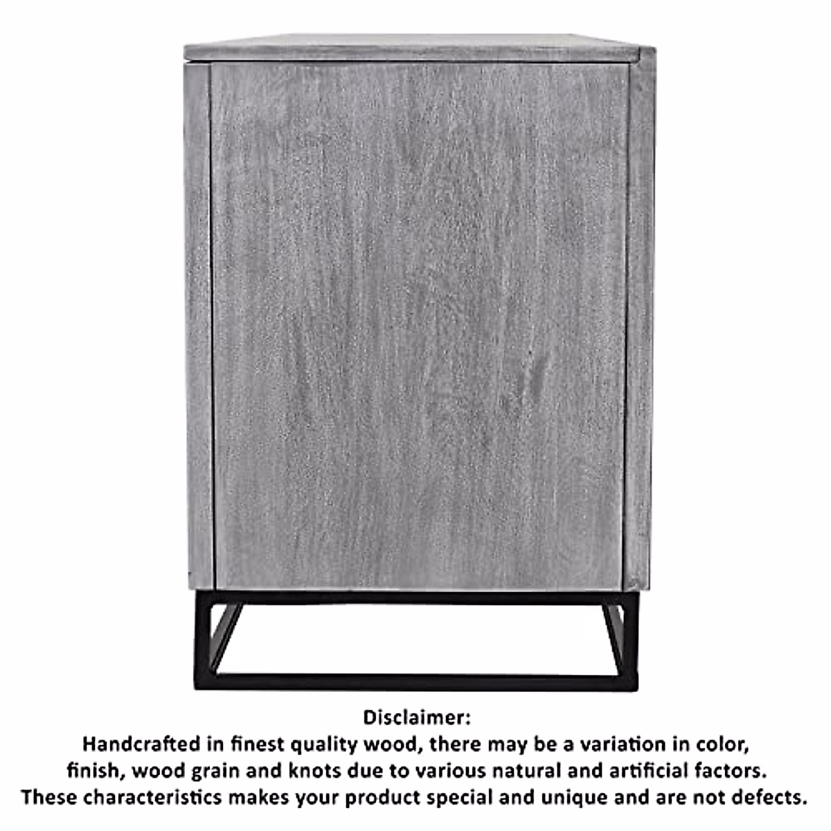 The Urban Port 63-Inch Handcrafted TV Media Entertainment Console, 2 Medallion Engraved Doors, Sandblasted Gray Mango Wood, Black Iron Stand