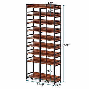 Tribesigns Open Shoe Cabinet, 9-Tier Tall Wooden Shoe Rack with Side Hooks for Entryway, Freestanding 36 Pairs Wood Shoes Storage Shelf Cabinet with Heavy Duty Metal Frame, Black Rustic Brown