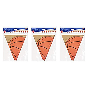 Beistle Plastic Pennant Banners 3 Piece Birthday Basketball Decorations Sports Party Supplies, 11" x 12', Orange/Black/Tan