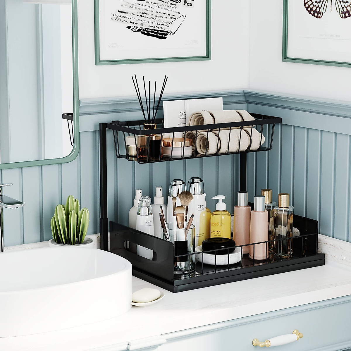 Under Sink Organizer, DIFEN 2-Tier Sliding Cabinet Basket Organizer for Under Sink Storage in Bathroom and Kitchen - Black