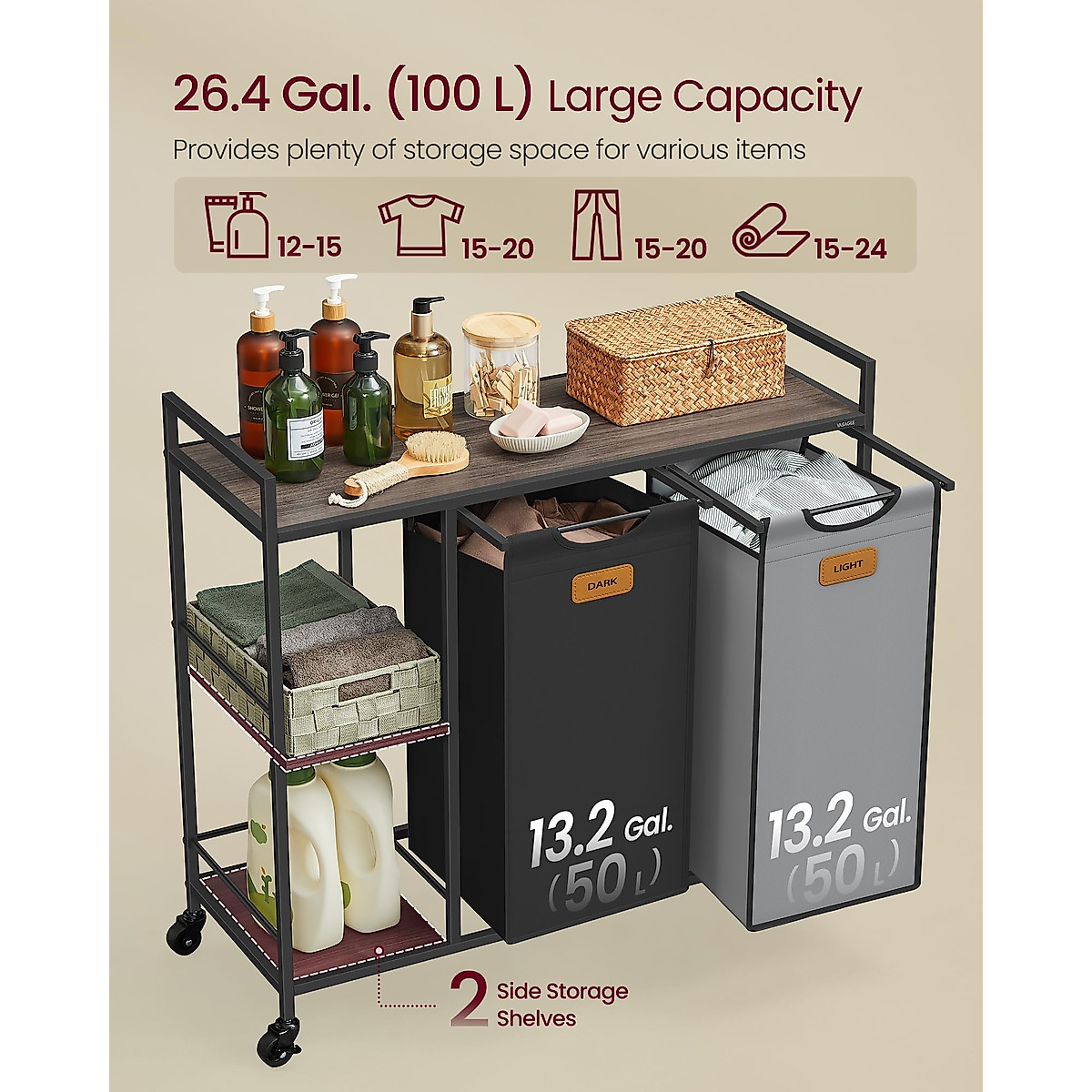 VASAGLE Laundry Hamper with 2 Compartments, 26.4 Gal. (100 L) Laundry Sorter, Rolling Laundry Cart with Shelves, Removable Liners, 6 Labels, Chestnut Brown, Ink Black and Dove Gray UBLH311B02