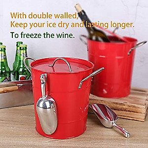 T586 4L Red Metal Double Walled Ice Bucket Set With Lid And Scoop