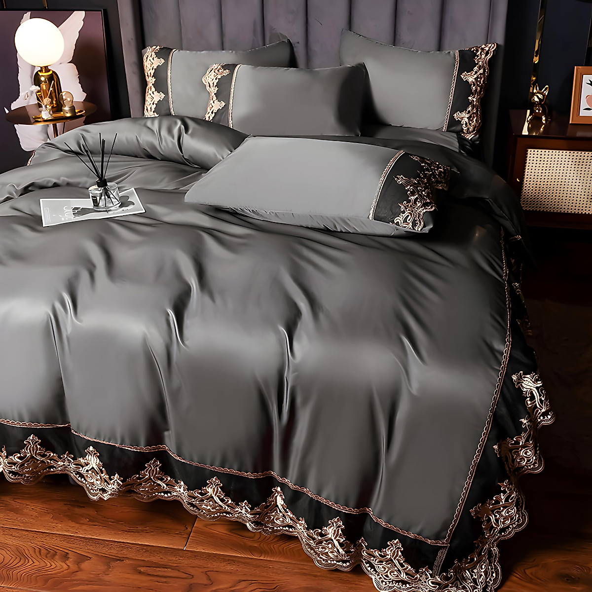 Maschringer 6 Luxury Satin King Size Duvet Cover and Pillow Set Grey King Duvet Covers(U.S. Standard) Perfect for Wedding or Romantic Nights. Cooling and Soft Bedding