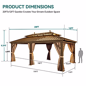YITAHOME 12x20 ft Hardtop Gazebo with Nettings and Curtains, Outdoor Heavy Duty Aluminum Gazebo Combined of Horizontal and Vertical Stripes Roof for Patio, Backyard, Deck, Lawns and Balcony (Bronze)