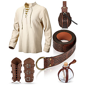 Ramede 6 Pcs Men's Renaissance Costume Set Medieval Pirate Shirt Leather Arm Guards Viking Belt Medieval Bag Accessories(X-Large)
