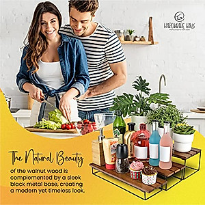 Walnut Wood - Wooden Cupcake Stand 3-Tier Wooden Display Stand with Black Metal Base, Rectangle Tower Display Stands for Vendor Events Walnut Wood (12" Set)