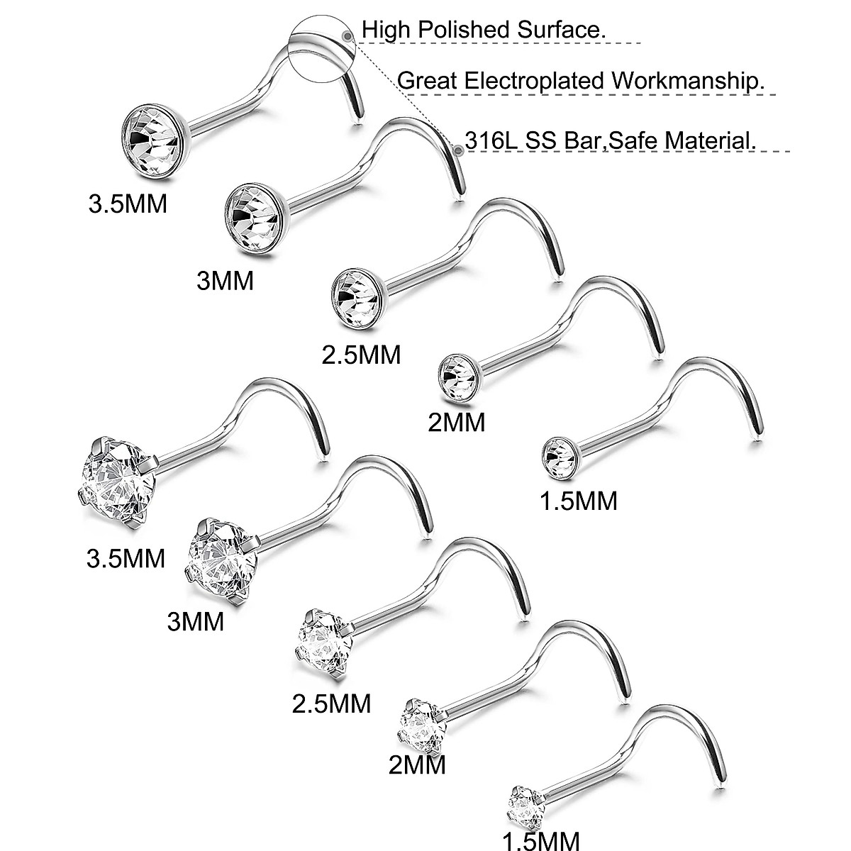 FIBO STEEL 20G Nose Rings Studs for Women 316L Surgical Steel Screw Nose Studs Nose Piercings Jewelry CZ Inlaid 1.5MM 2MM 2.5MM 3MM 3.5MM 10Pcs Silver