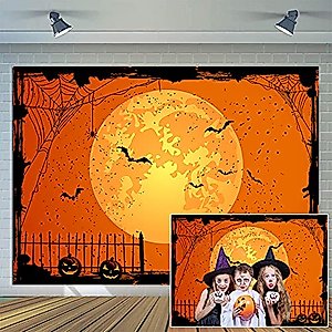 CYLYH 7x5ft Happy Halloween Orange Backdrop Halloween Eve BackdropHalloween Party Lantern Moon Bat Spider Web Graveyard Fence Photography Background Party Decorations