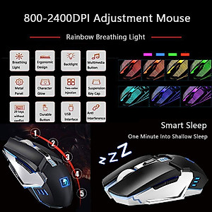 Rechargeable Gaming Keyboard Mouse Combo,2.4G Wireless,16 Kinds of RGB LED Backlit,Mechanical Feeling Keyboards with Knob Control,2400dpi Ergonomic Mouse with 7 Color Breathing LED Light (Black RGB)
