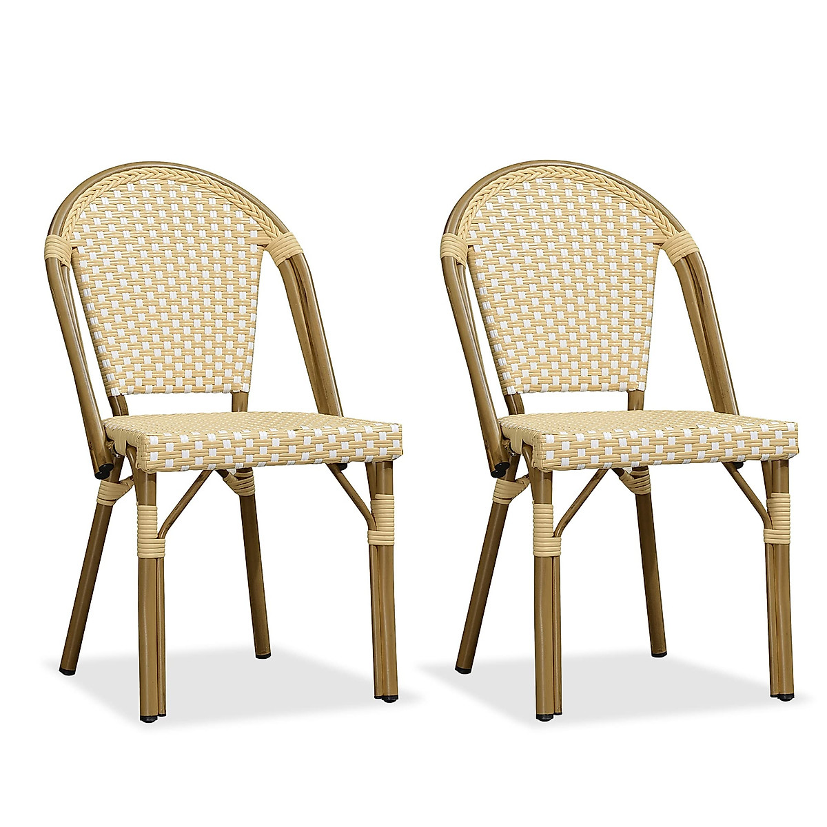 PURPLE LEAF Bistro Chair (Set of 2) French Hand-Woven Wicker Chairs for Outdoor Patio Porch Garden Indoor, Bamboo Print Finish, Cream Yellow, Dining Chairs