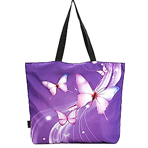 ICOLOR Light Purple Butterfly Gym Bag Shopping Tote Bags Shoulder Bag,Boys Girls Travel Beach Grocery Shoulder Bag with Zipper,Reusable Gym Picnic Work Daily Use Tote Bag(GymBag-02)