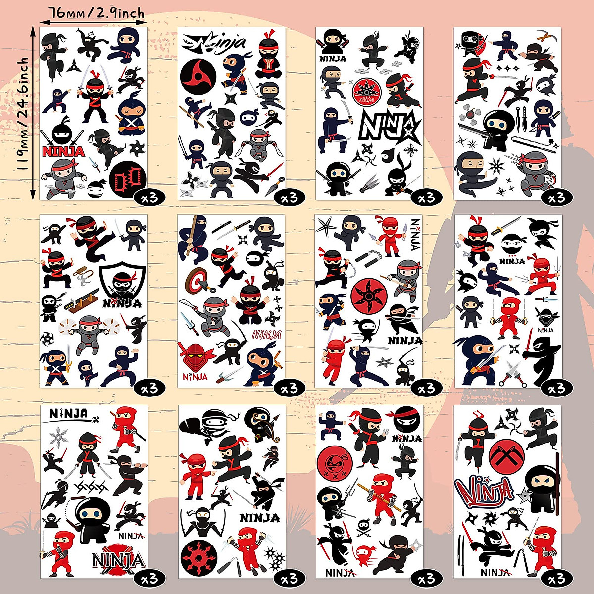 Patelai 468 Pieces Ninja Temporary Tattoos Ninja Tattoo Stickers Cartoon Ninja Warrior Birthday Decorations for School Rewards Gifts Kids Girls Boy Birthday Party Supplies Favors FDA Registered