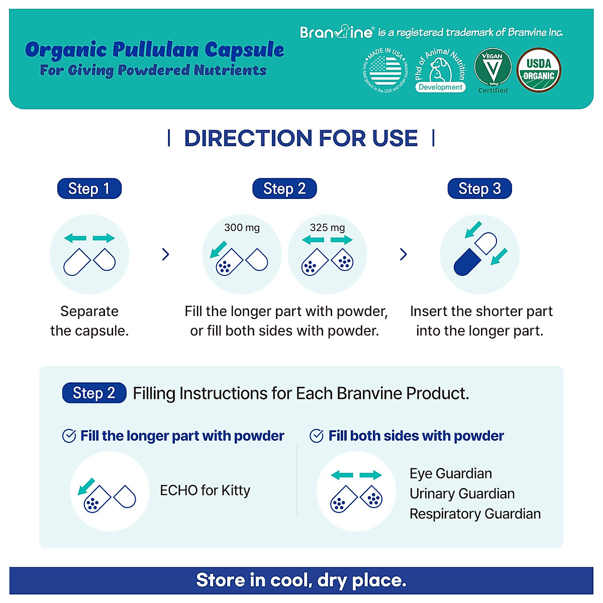 Branvine Organic Pullulan Empty Capsules for Cats - Hides Medicine Taste & Scent | Naturally Fermented, Highly Digestible | Capacity Up to 350mg (120 Counts)