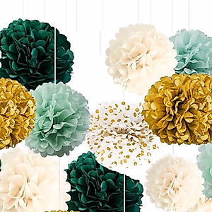 Paper Tissue Pom Poms Green Gradient Gold Dot White Hanging Tissue Flowers Poms Decorations Pack of 12 for Wedding, Birthday, Baby Shower ，Party Backdrop Decor ect. (12", 10", 8" Tissue Paper Flowers)
