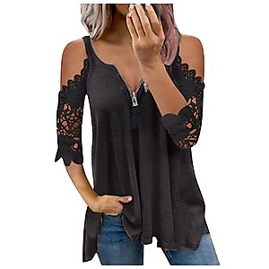 Women's 2022 Summer Tops,Womens Summer Casual Zip Up Fashion Printed Off Shoulder Mid Sleeve T Shirt Top Womens T Shirts Top Black-p5