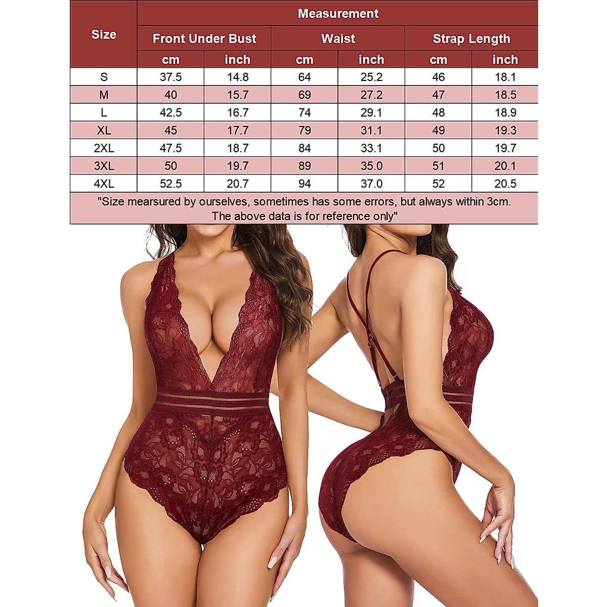Avidlove Women Teddy Lingerie Snap Crotch Lingerie One Piece Lace Babydoll Mini Bodysuit Wine Red 4X-Large