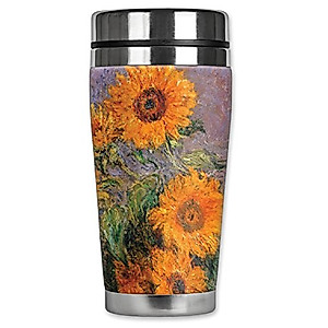 Mugzie "Monet: Sunflowers" Stainless Steel Travel Mug with Insulated Wetsuit Cover, 20 oz, Black