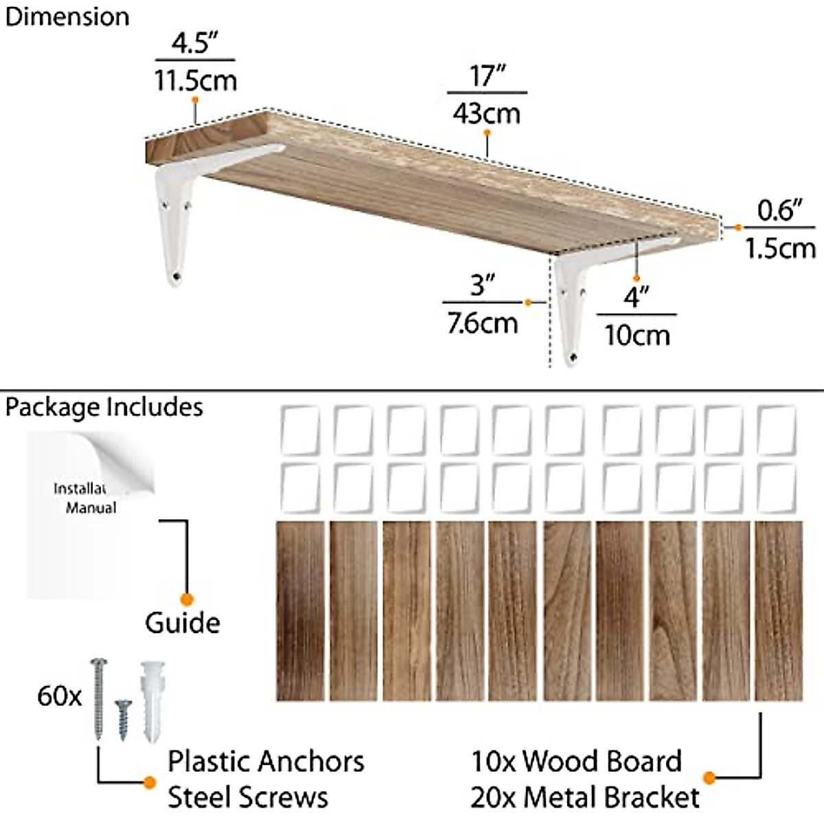 Wallniture Arras 17"x4.5" Wall Bookshelves Floating Shelves for Wall Storage,Wall Shelf for Living Room, Kitchen Organizer, Office, Burnt Finish White Bracket Set of 10