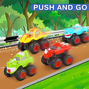 Aoskie Toddler Toys for 1 2 3 Year Old Boys Grils, Dinosaur Truck Toys for Kids with 4 Pull Back Dino Car, Christmas Party Birthday Gift