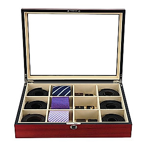 TIMELYBUYS Personalized Display Case for 12 Ties, Belts, and Accessories Cherry Wood Storage Box