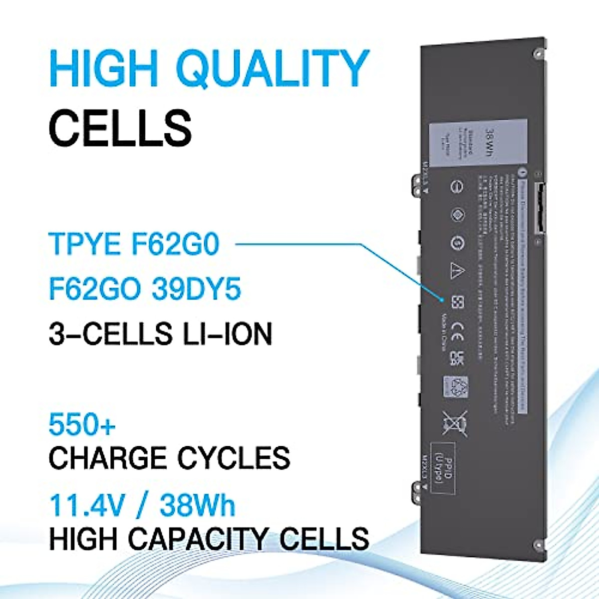 F62G0 Battery 11.4V 38Wh 39DY5 F62GO Laptop Replacement for Dell Inspiron 13 7000 7373 7370 7386 2-in-1 7380 5370 P83G P83G001 P91G P91G001 P87G P83G002 P87G001 Vostro 5370 0RPJC3 039DY5 RPJC3 0F62G0