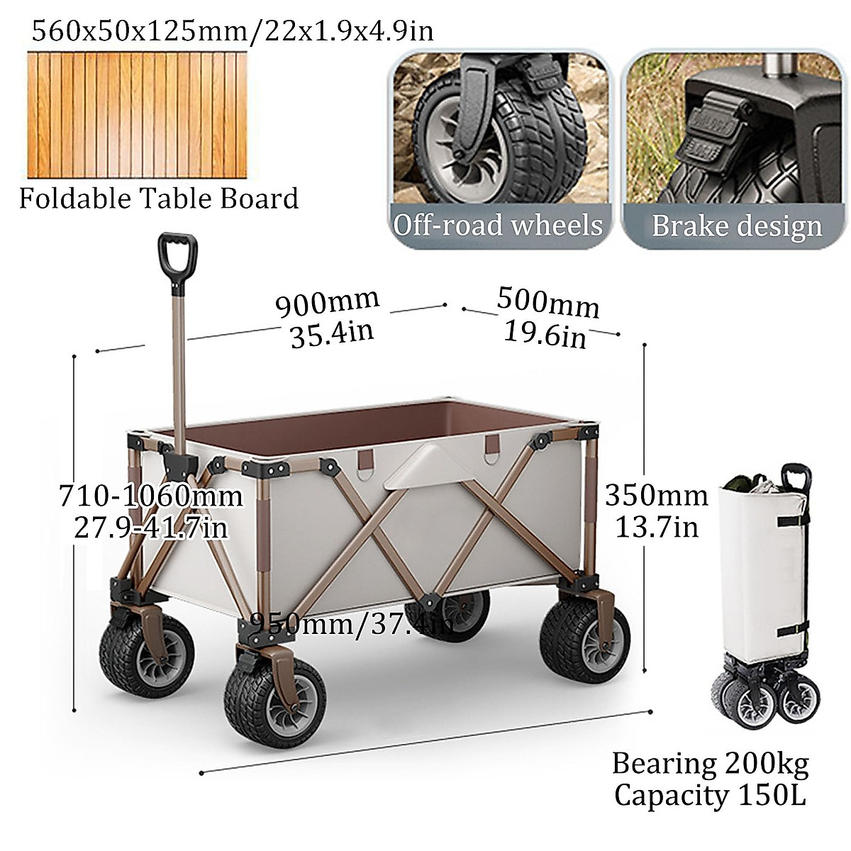 Garden Carts,Collapsible Wagon,Sports Outdoor Utility Wagon Folding Garden Wagon Foldable Yard Car Foldable Table Board Universal Wheel Wheel 200Kg Load Camping Cart,(d) White Coffee