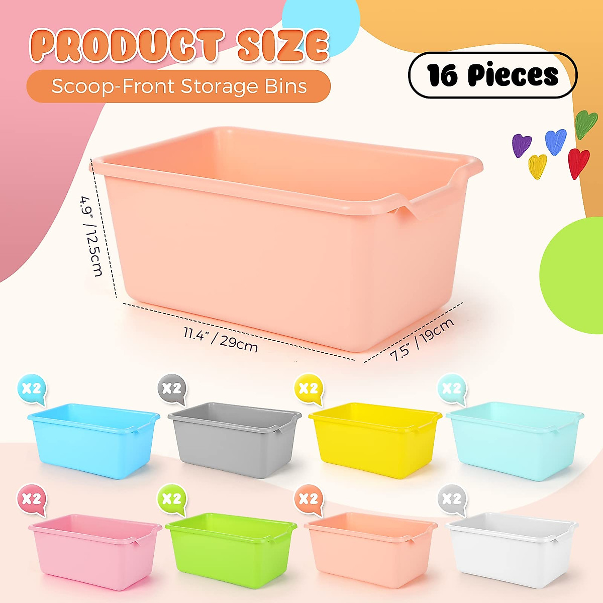 Dandat 16 Pcs Cubby Bins Plastic Books Bins Bulk Scoop Front Classroom Cubby Organization Stackable Toy Storage Tubs Containers for Classroom Office Home(11.42 x 7.87 x 5.12 Inch)