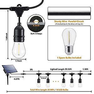 Flacchi Solar Bistro Lights Waterproof Shatterproof S14 Edison Lights Outdoor for Patio Garden Backyard Porch Bistro Cafe Wedding Warm White