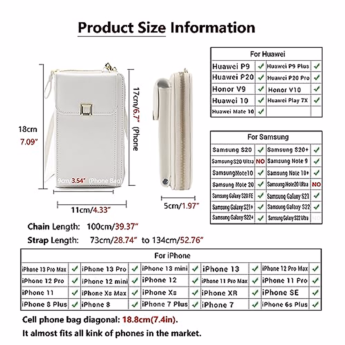 Crossbody Bags for Women White Cell Phone Purse Wallet with Adjusted Strap Ladies Small Women's Handbags PU Leather Shoulder Bag with Alternative Fashion Chain Strap