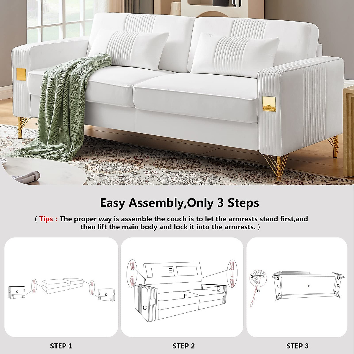 Betoko Velvet Upholstered Sofas Couches for Living Room Modern Contemporary Channel Tufted Beige 3 Seater Sofa Couch with Golden Metal Legs for Bedroom Office and Small Spaces (White)