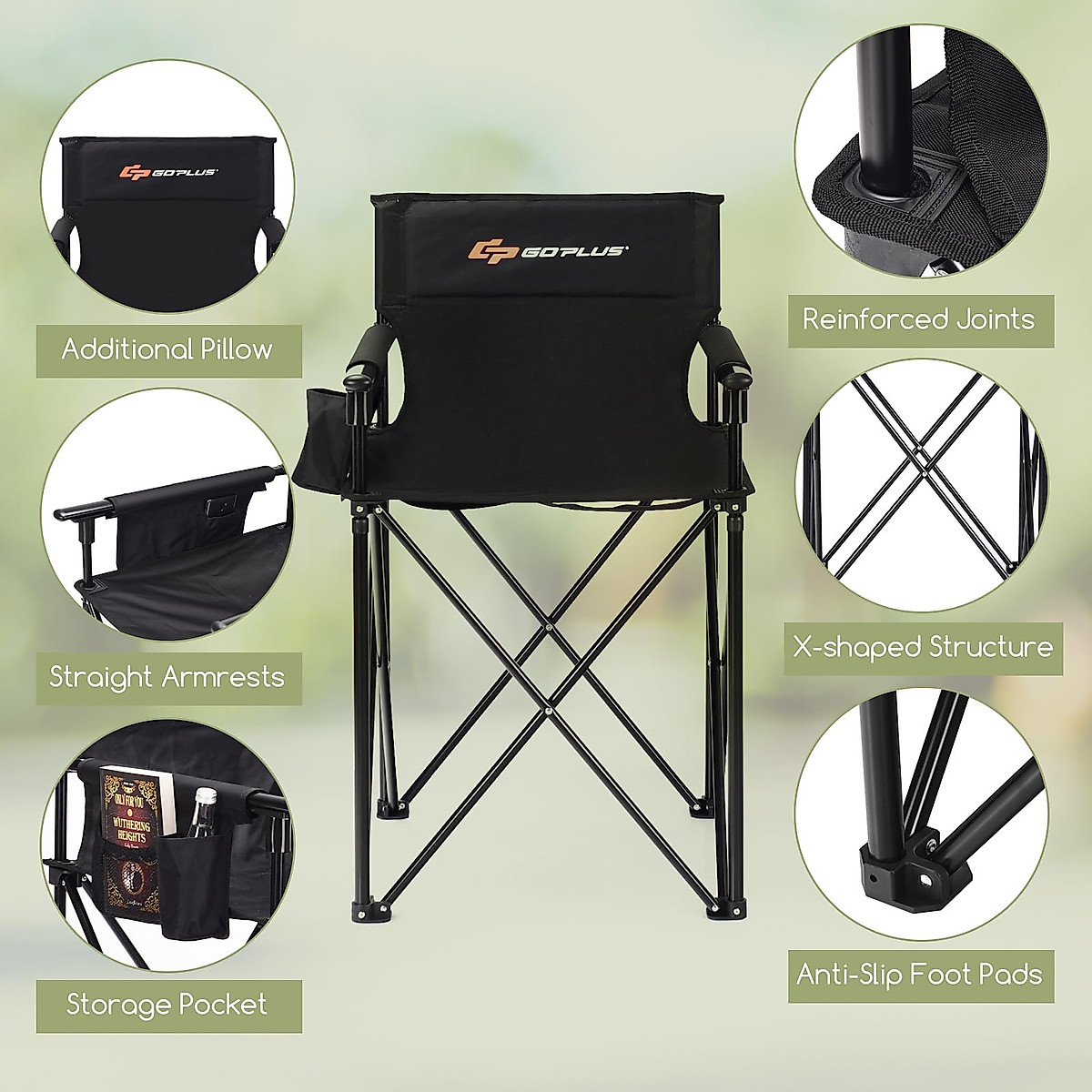 Goplus Folding Camping Chair, Outdoor Portable Beach Chair Heightened Design w/Detachable Armrests, Storage Pouches & Carrying Bag for Fishing, Picnic, Lawn (Black, 250LBS Weight Capacity)