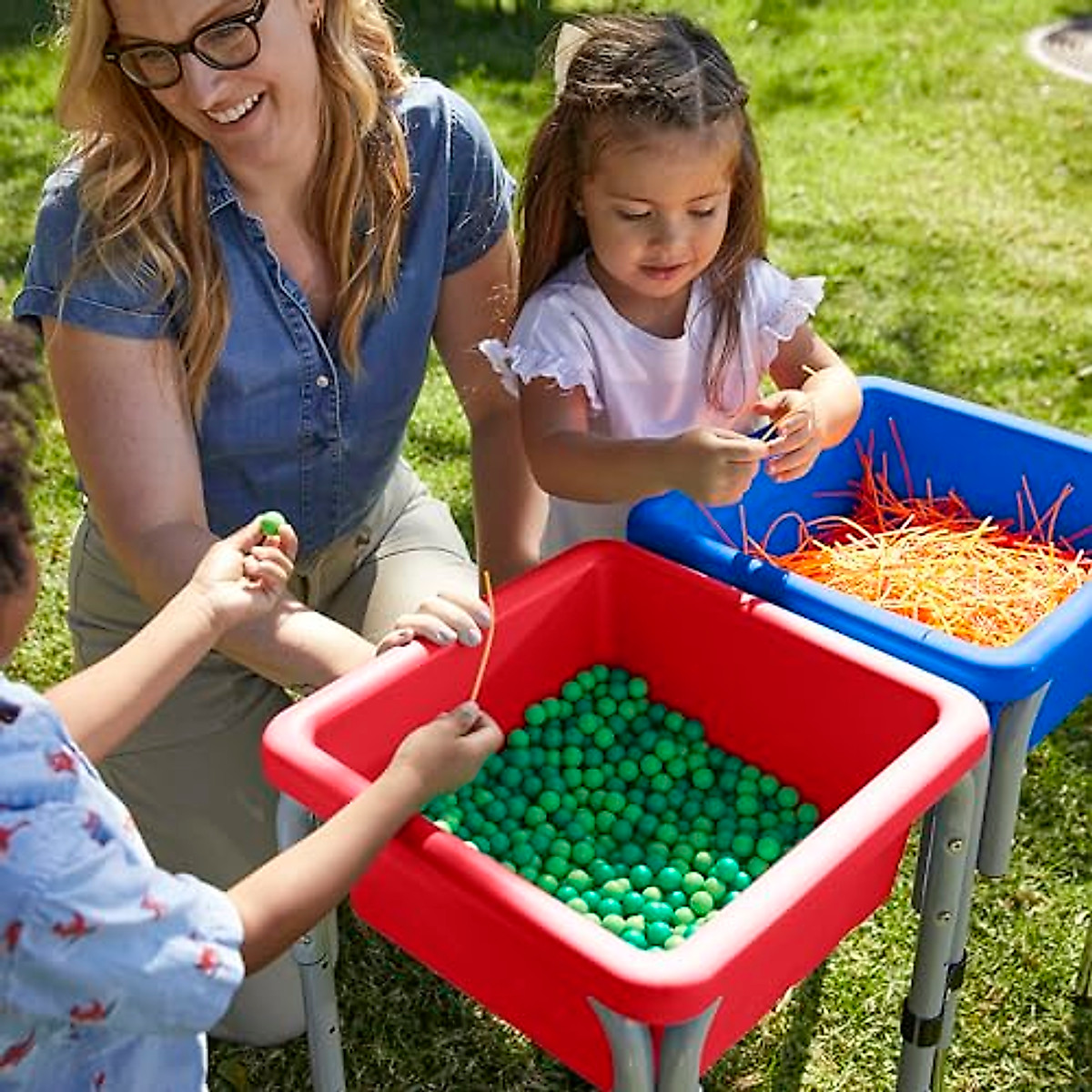 ECR4Kids 2-Station Sand and Water Adjustable Play Table, Sensory Bins, Blue/Red
