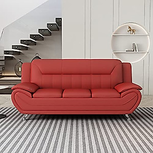 Container Furniture Direct Michael Modern Faux Leather Upholstered Stainless Steel Legs Living Room, Sofa, Persian Red