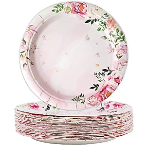gisgfim 48 Pcs Floral Paper Plates 7" Pink Girls’ Birthday Party Disposable Dessert Plates Supplies Decorations Tea Party Plates Tableware for Wedding Baby Shower