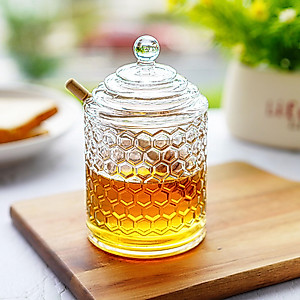 kanpura Clear Crystal Honey Pot with Dipper and Lid,Glass Honey Jar with Dispenser, Glass Honey and Syrup Container for Home Kitchen