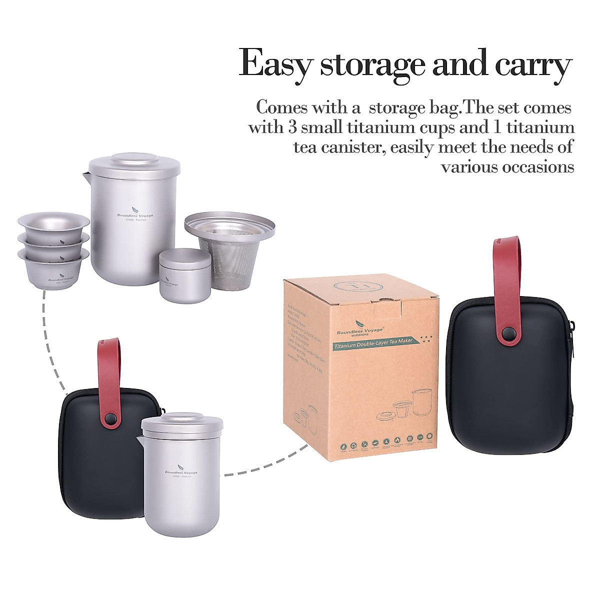 Boundless Voyage 350ml Titanium Double-Walled Tea Cups with Filter Outdoor Camping Portable Tea Maker Coffee Cup Set(Ti3105D-3 cups+tea tin)