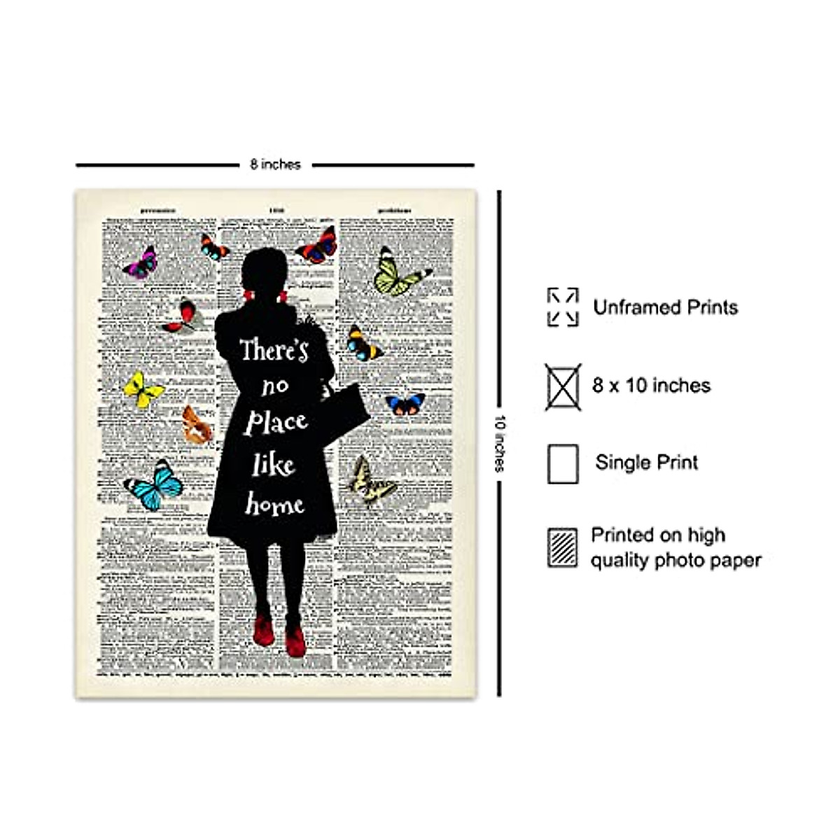 Wizard of Oz Quote, Dictionary Art, Theres No Place Like Home - Upcycled 8x10 Poster print for Girl, Kids Room, Bedroom, Nursery - Unique Gift for Dorothy, Fans - Unframed Photo Print
