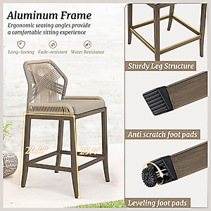 Cozyman Rattan Counter Height Bar Stools Set of 4, 27.5" H Boho Woven Rope Back Outdoor Barstools with Aluminum Legs for Kitchen Patio Garden, Yellowish Slate Grey